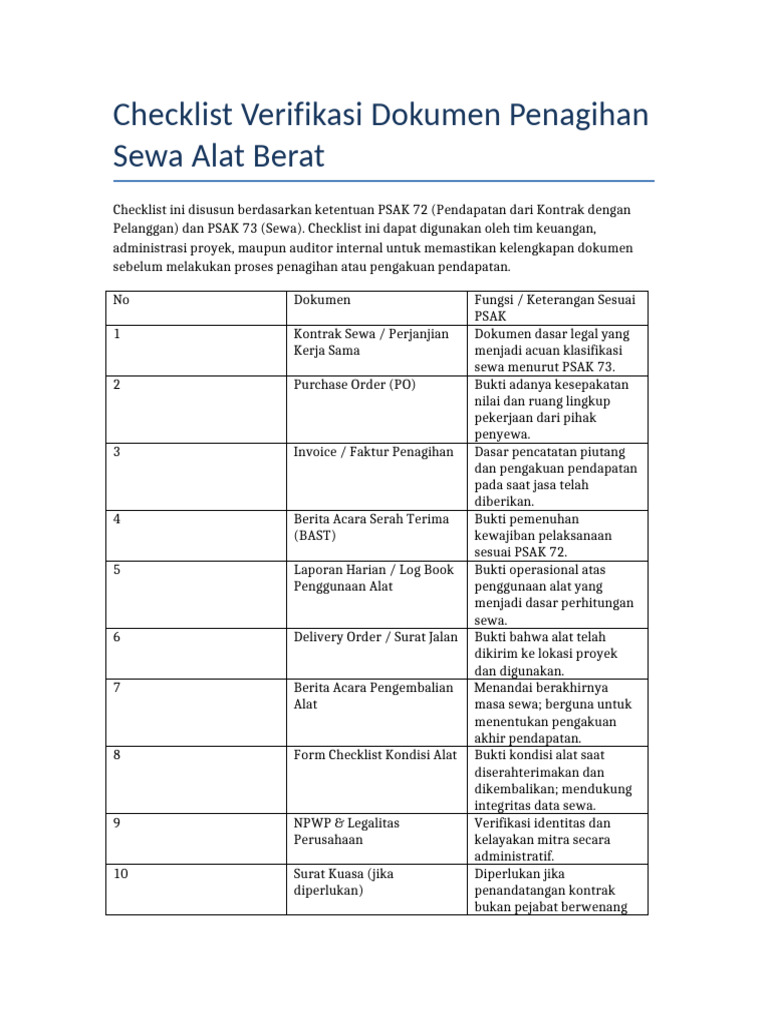 Checklist Penagihan Sewa Alat Berat | PDF