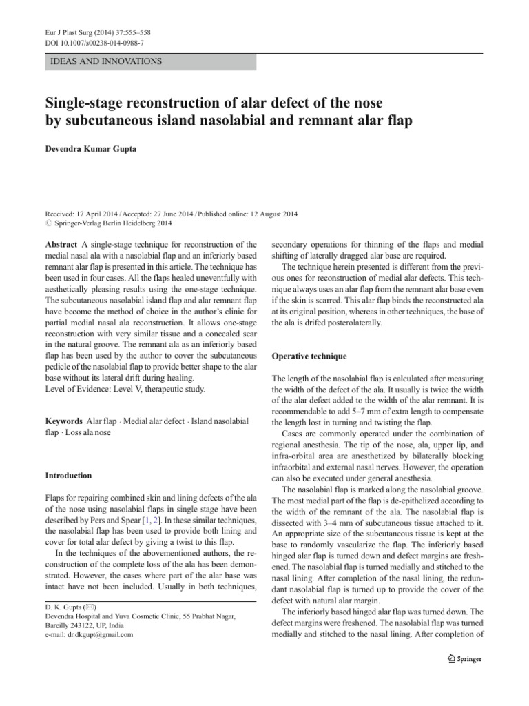 Alar Reconstruction Island Nasolabial Flap | PDF | Human Nose | Surgical Specialties