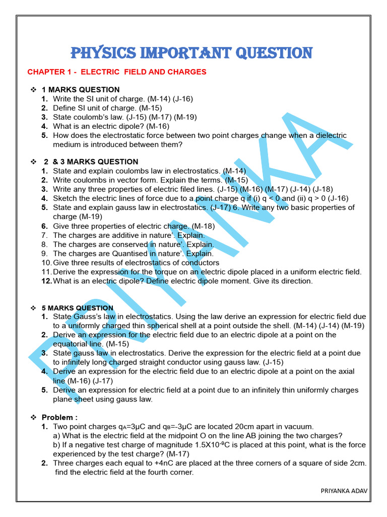 Important Physics Questions on Electric Fields | PDF | Photoelectric ...