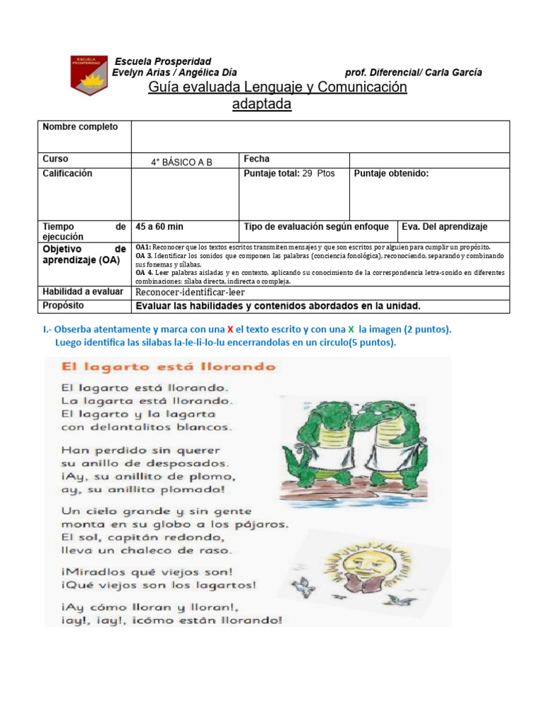 Guía Evaluada Lenguaje Adaptada Daniela Damian y Nicolas | PDF