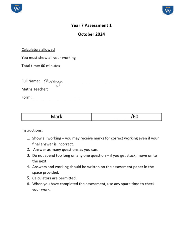 Year 7 Maths Assessment October 2024 | PDF | Abstract Algebra ...