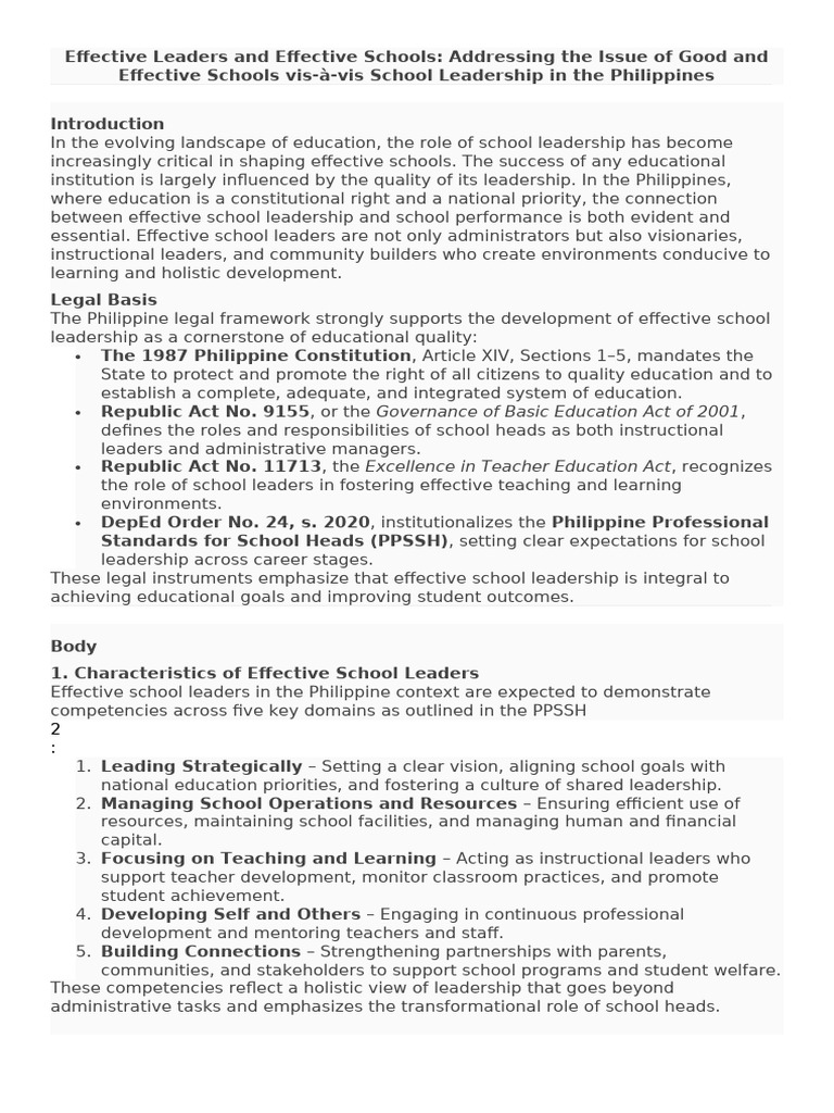 Effective School Leadership in the Philippines | PDF | Leadership ...