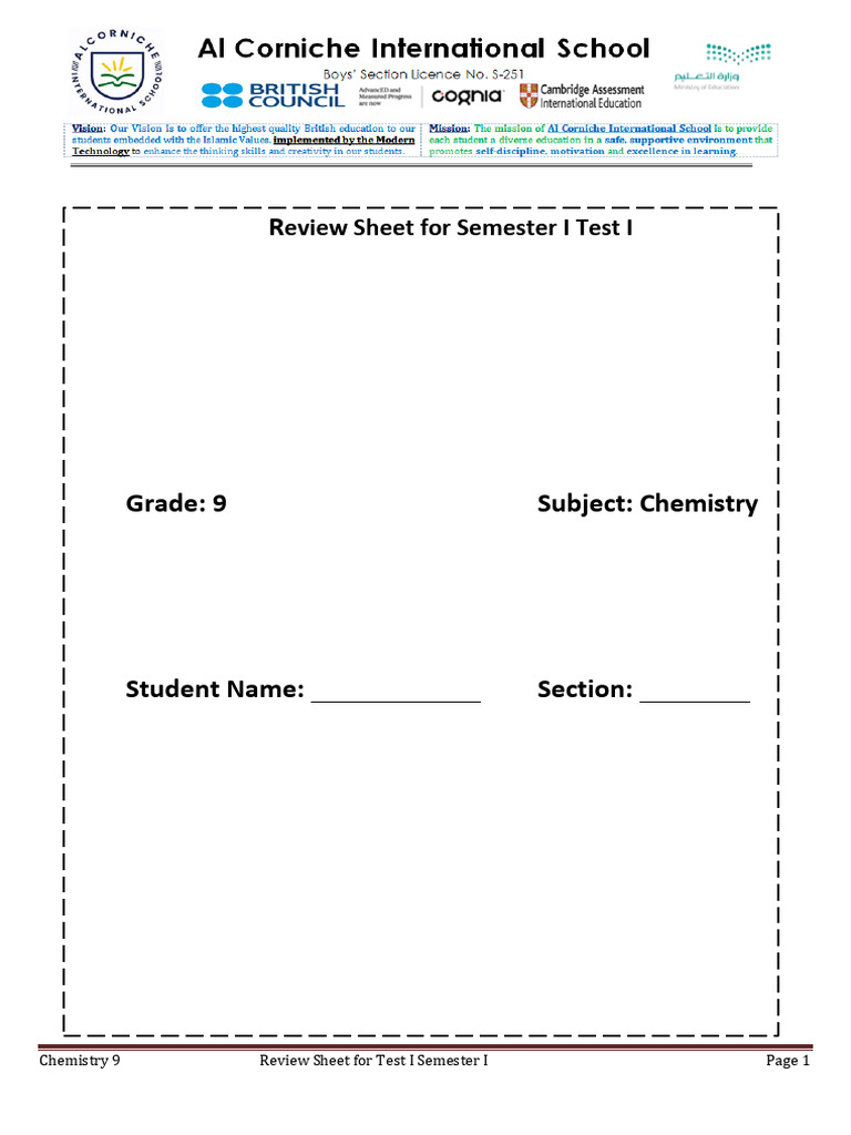 G-9 Chemistry Review Sheet 2025-26 | PDF | Electrolyte | Materials