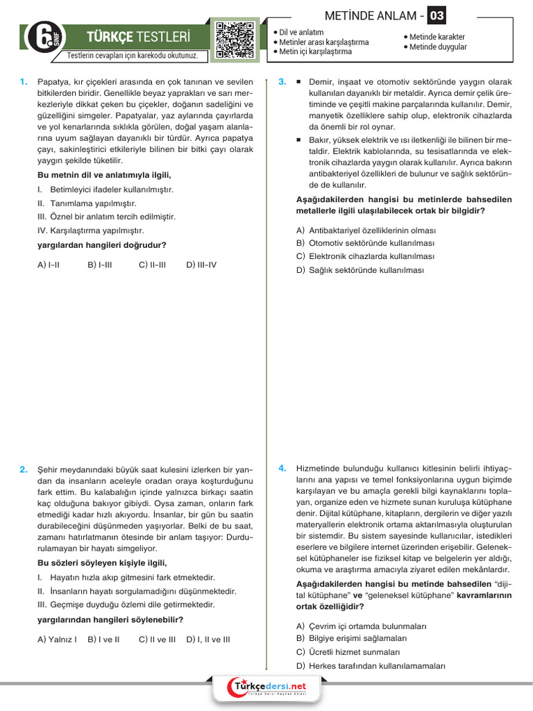 Sinif Indirilebilir Testler Metinde Anlam 03 | PDF
