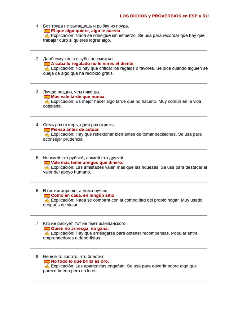 LOS DICHOS y PROVERBIOS en ESP y RU | PDF
