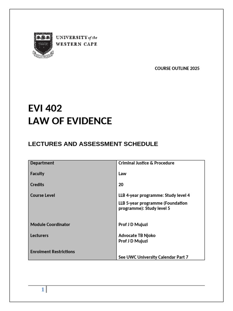 Evidence 402 - Course Outline2025 | PDF | Evidence (Law) | Justice
