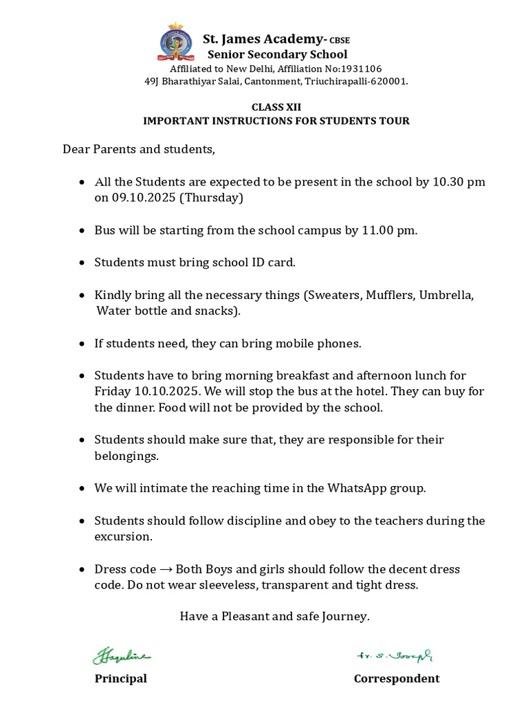 Class XII - Tour Instruction-1 | PDF