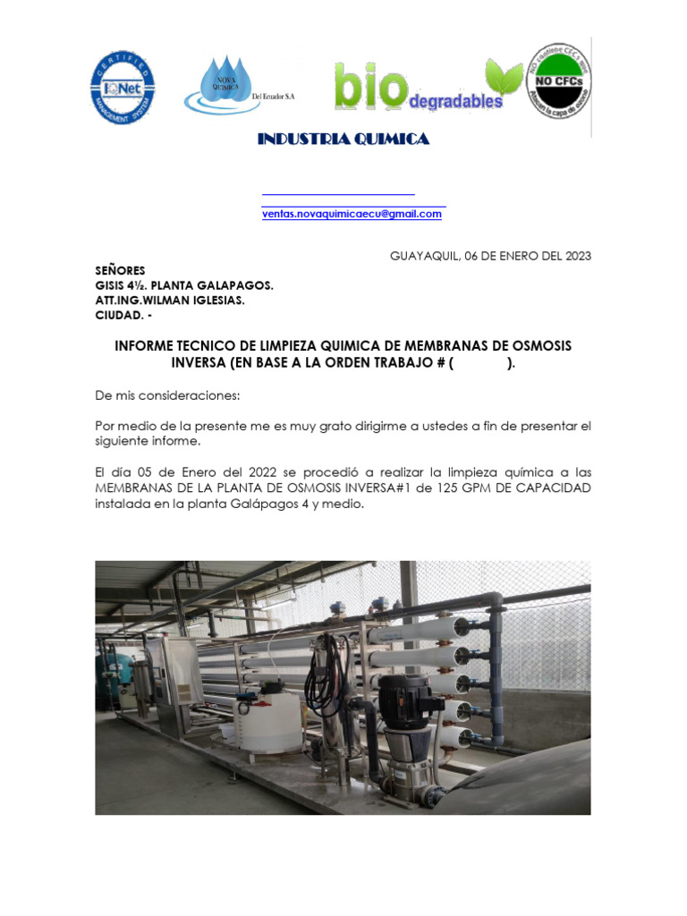 Informe de Limpieza de La Ósmosis # 1 - 125 GPM Gisis 4 y Medio Planta ...