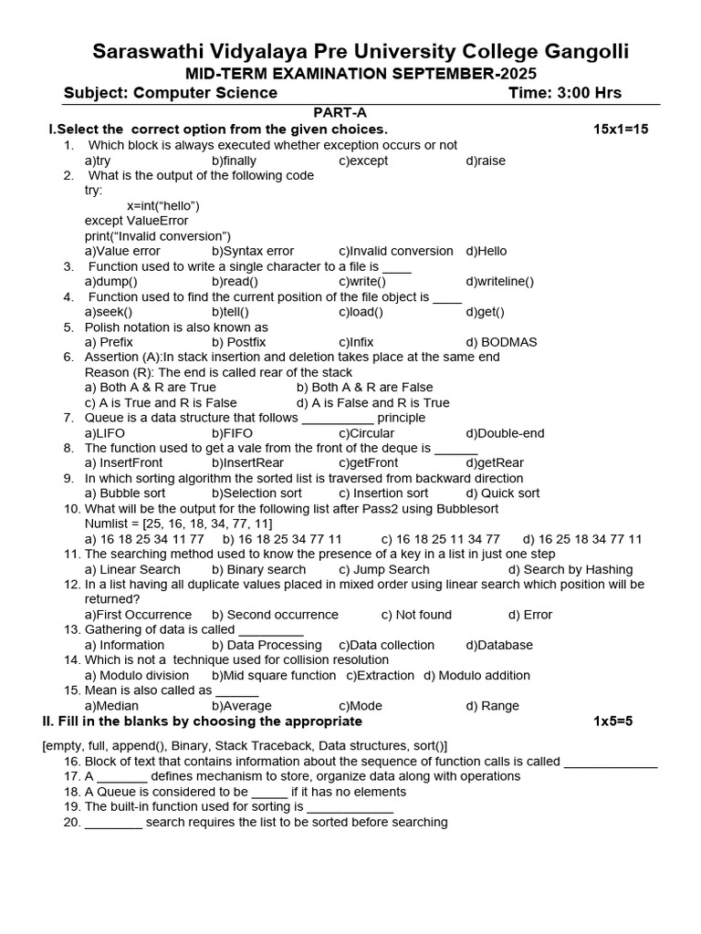 Model Paper | PDF | Queue (Abstract Data Type) | Algorithms