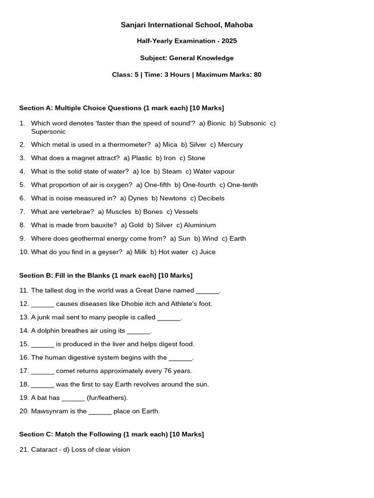 Class5 GK HalfYearly QuestionPaper | PDF | Human Digestive System