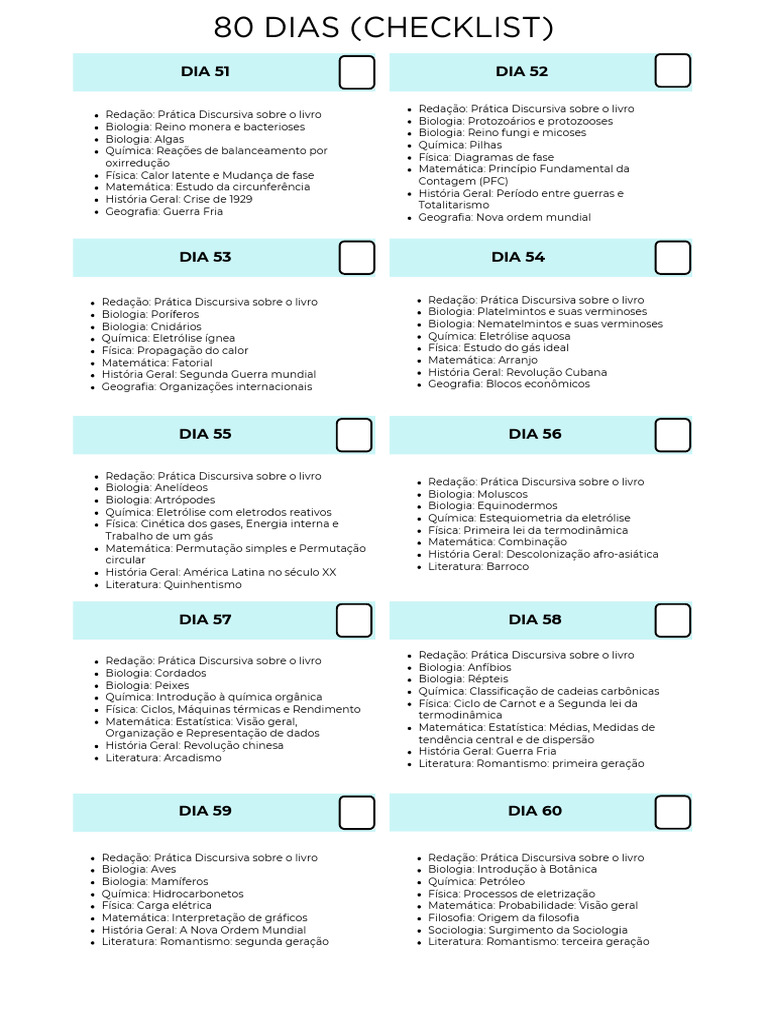 Checklist de Estudos: Dias 51 a 60 | PDF | Física | Química