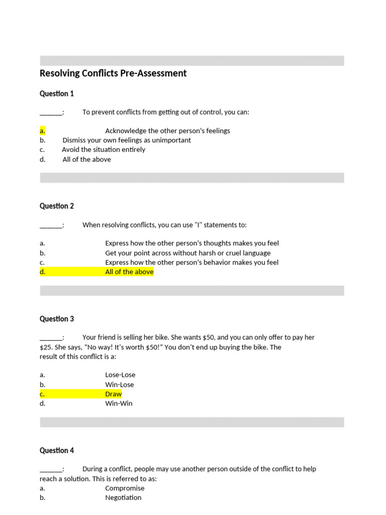 Conflict Resolution Pre-Assessment Quiz | PDF