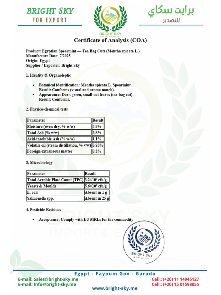 Certificate of Analysis Spearmint (EU) | PDF