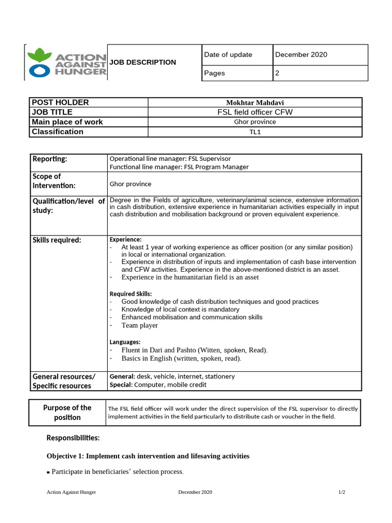 3. GF1A - JD - FSL Field Officer -لایحه وظایف | PDF