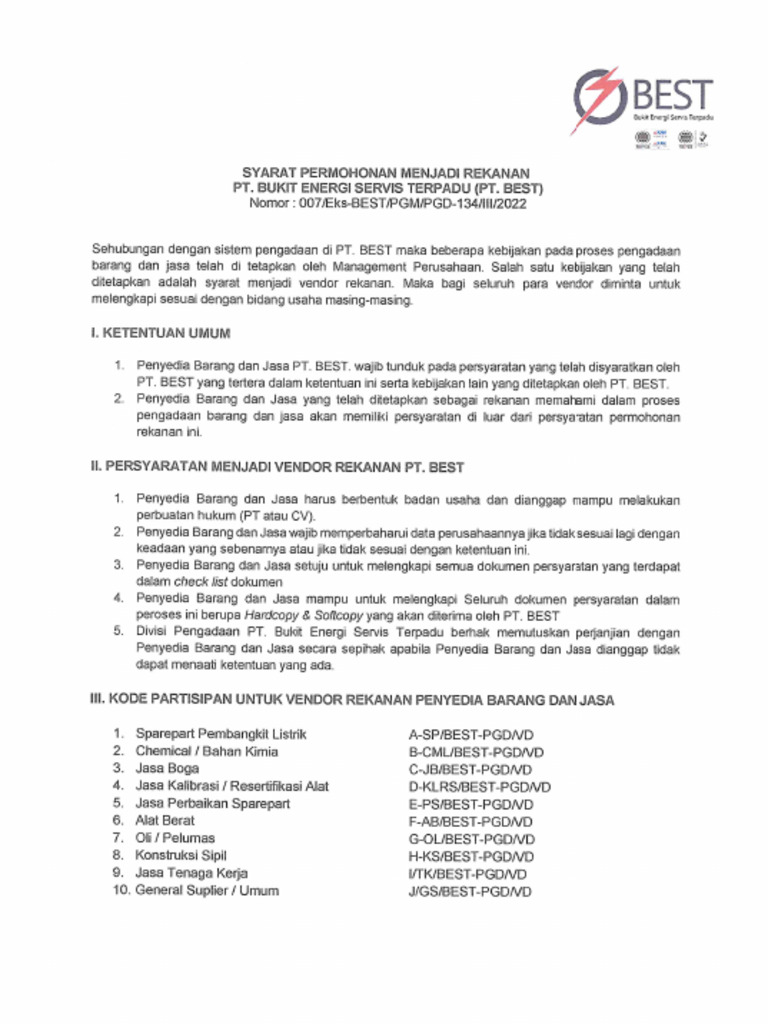 Syarat Vendor Menjadi Rekanan PT - Best | PDF