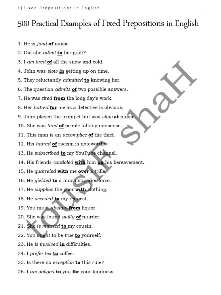500 Fixed Preposition Examples - TousiF ShaH | PDF