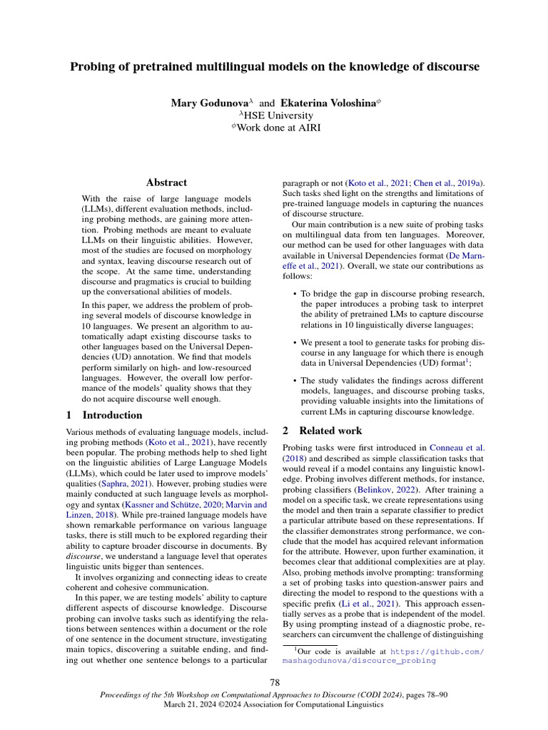 Probing of Pretrained Multilingual Models On The Knowledge of Discourse | PDF | Linguistics ...