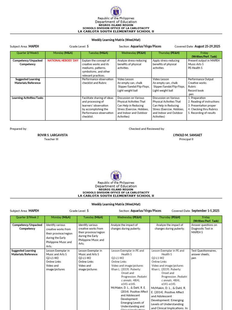 Weekly Learning Matrix for MAPEH 5 | PDF | Teachers | Learning