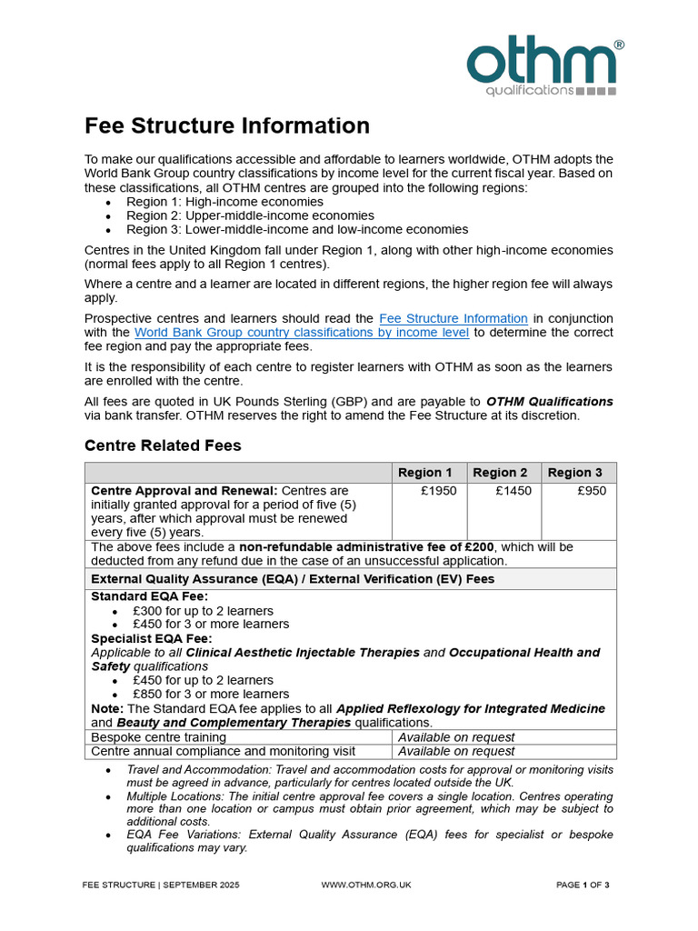 OTHM Fee Structure Overview 2025 | PDF | Diploma