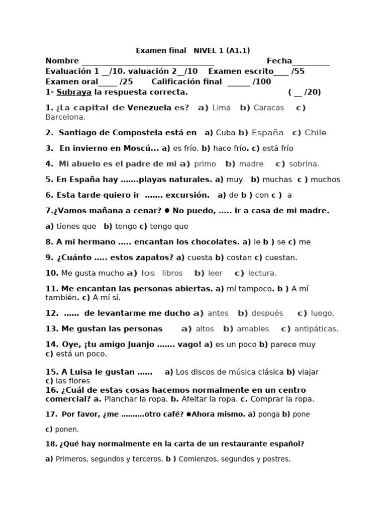 Examen Final de Español A1.1 | PDF