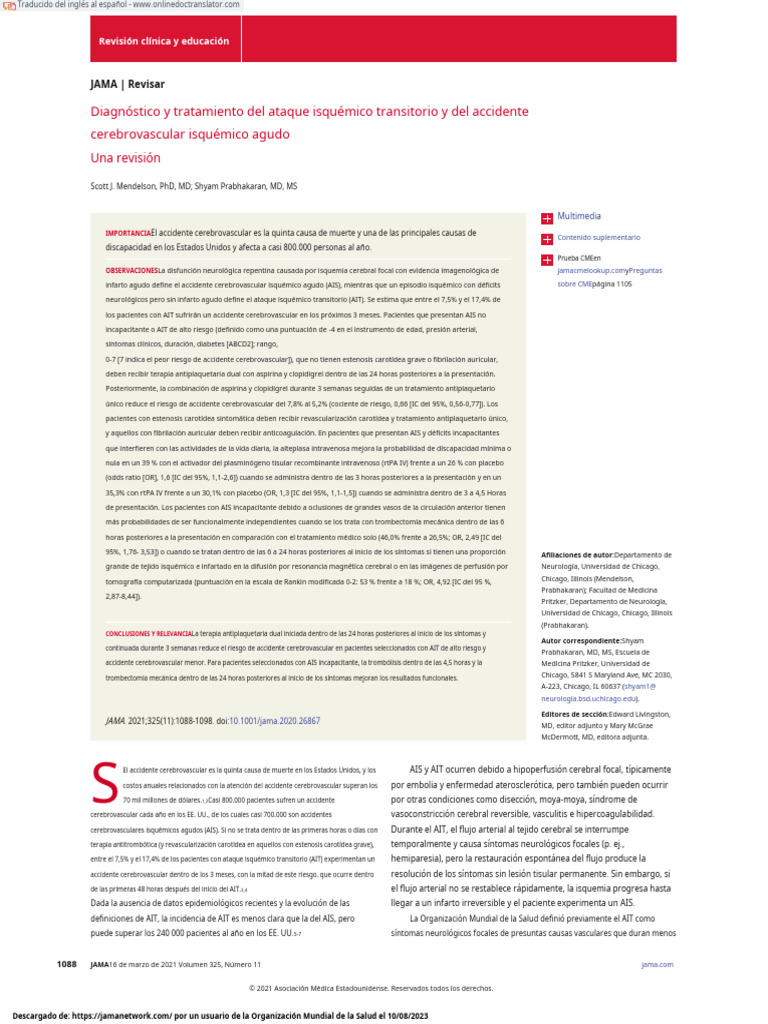 Diagnosis and Management of TIA and Ischemic Stroke A Review - En.es ...
