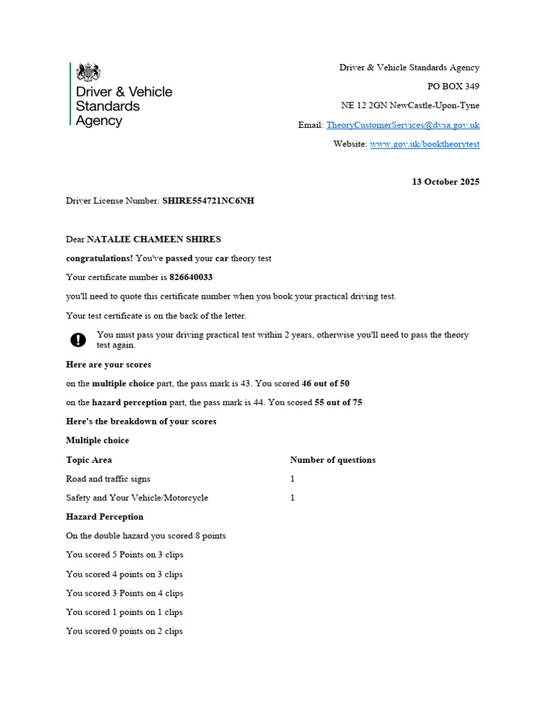 Car Theory Test Pass Confirmation Letter | PDF