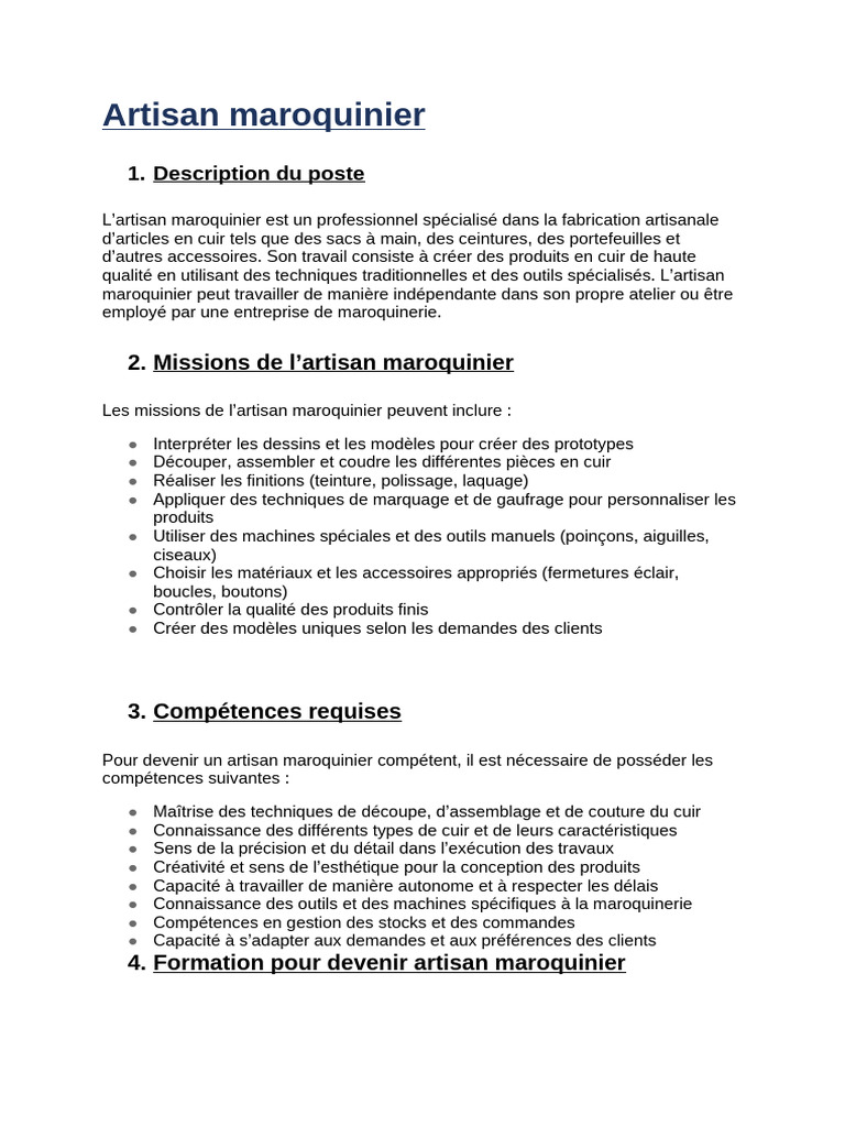 Fiche métier : Artisan maroquinier | PDF
