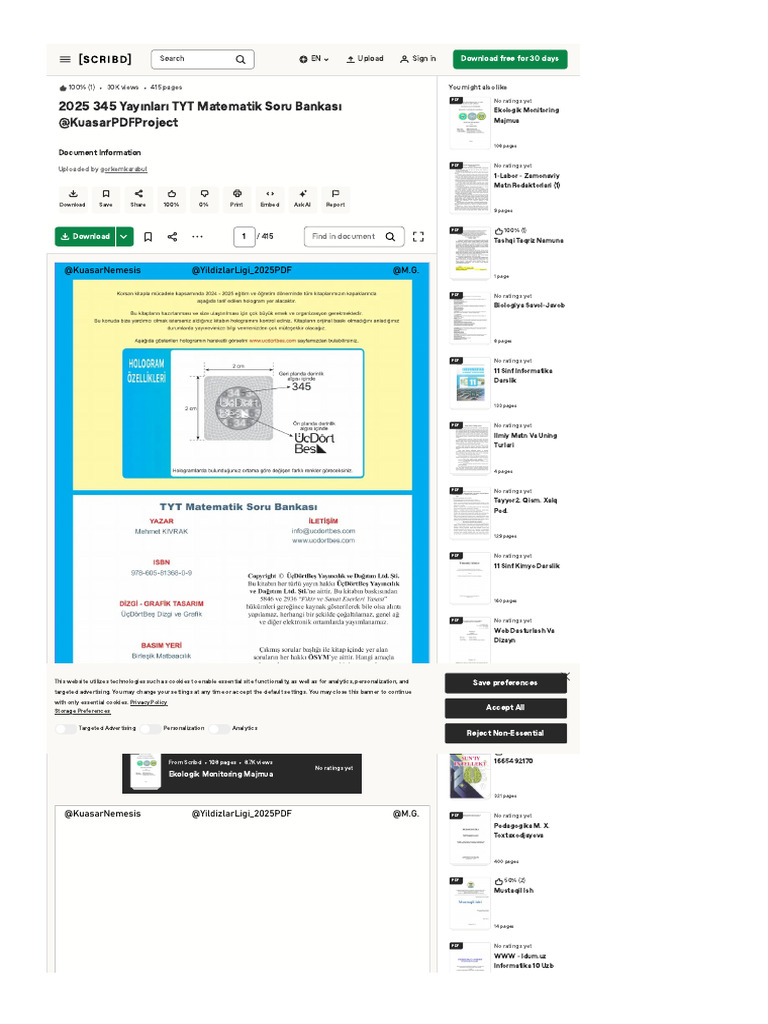 WWW Scribd Com Document 806948408 2025 345 Yayınları TYT Matematik Sor... | PDF | Digital ...