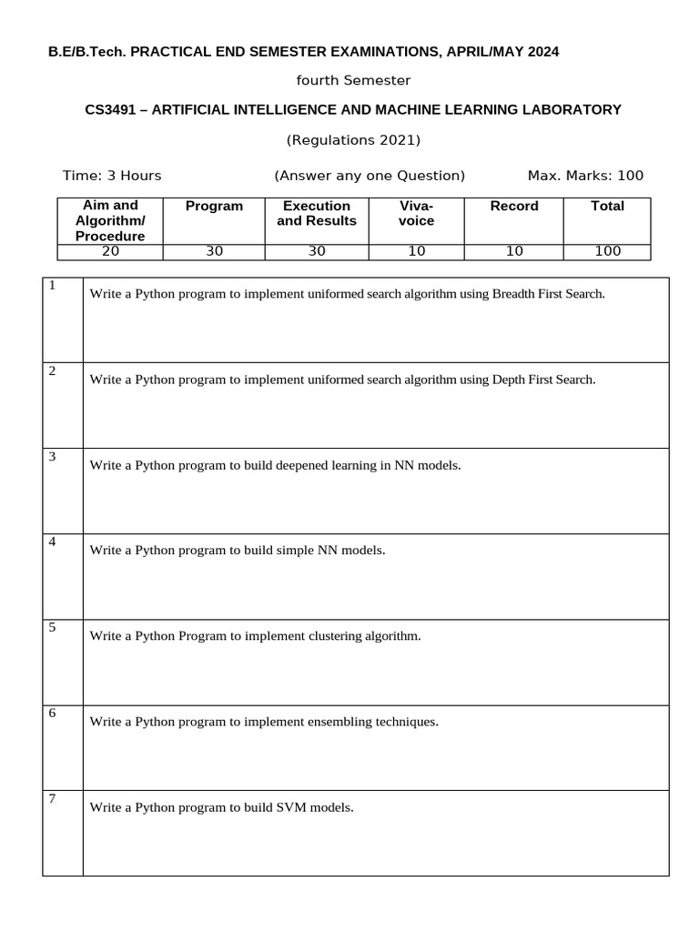 2nd Cse Ques Set Ai Ml Lab | PDF