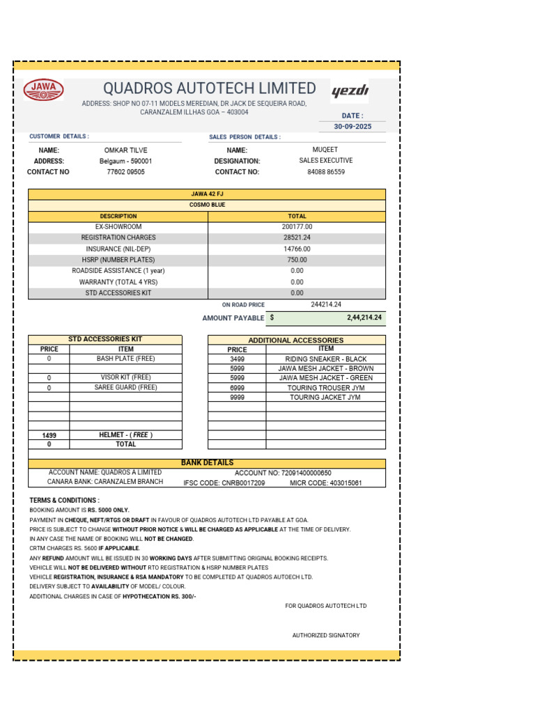 30-09-2025 Omkar Tilve - Jawa 42 FJ Cosmo Blue Aw | PDF | Road ...
