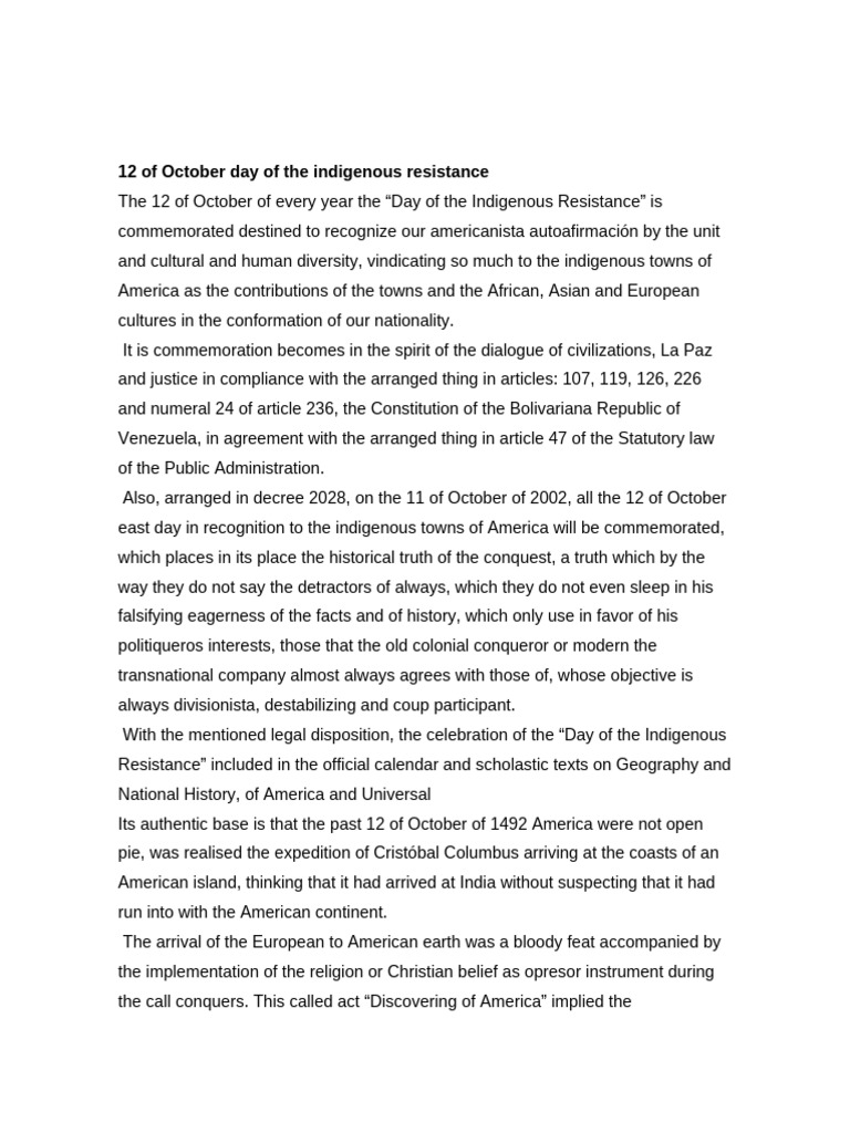 12 of October Day of The Indigenous Resistance | PDF