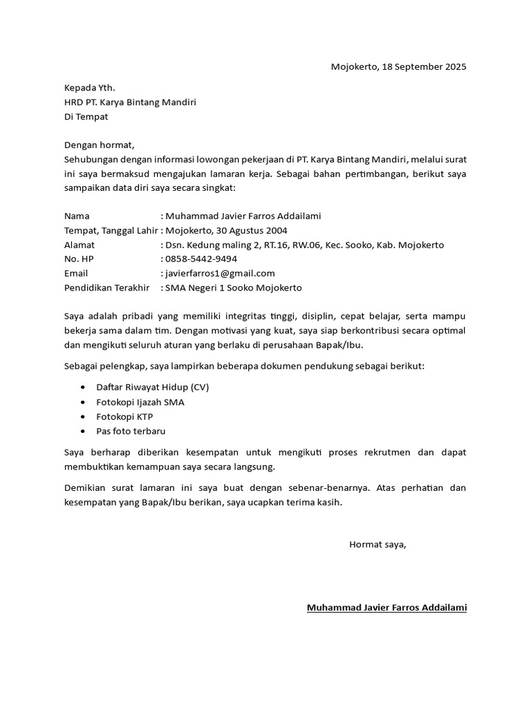 Surat Lamaran Muhammad Javier Farros Addailami PT. Karya Bintang ...
