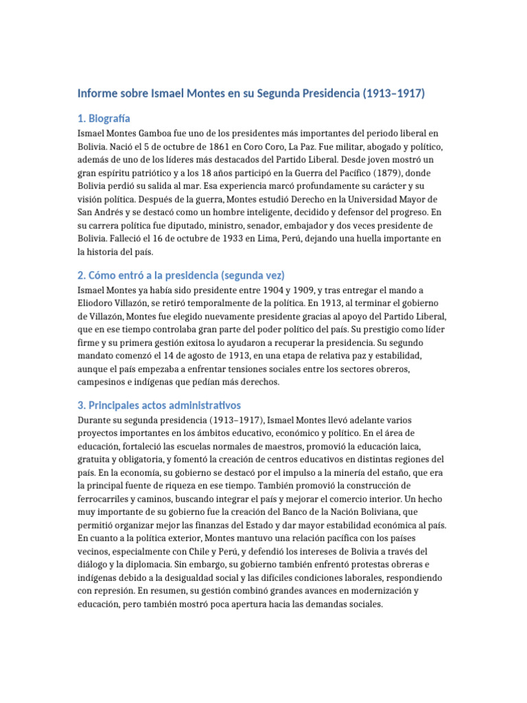 Informe Ismael Montes Segunda Presidencia | PDF | Bolivia