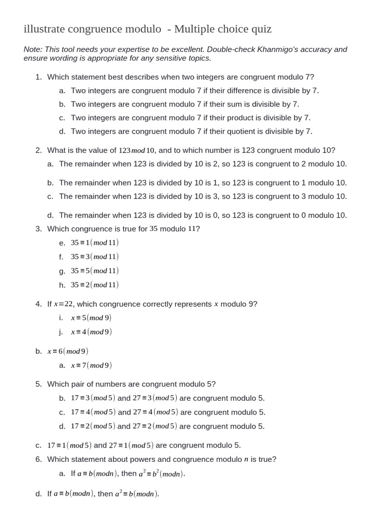 Modulo Congruence Quiz Questions | PDF | Algebra | Ring Theory