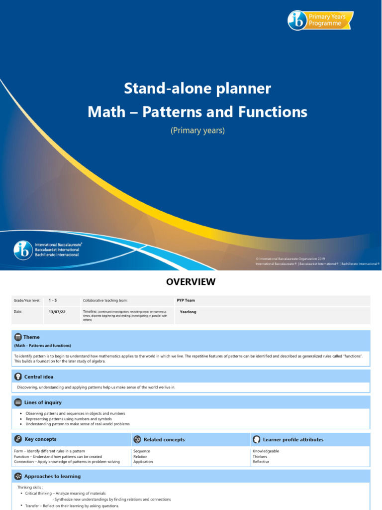 PYP Math Patterns and Functions Planner | PDF | Multiplication | Learning