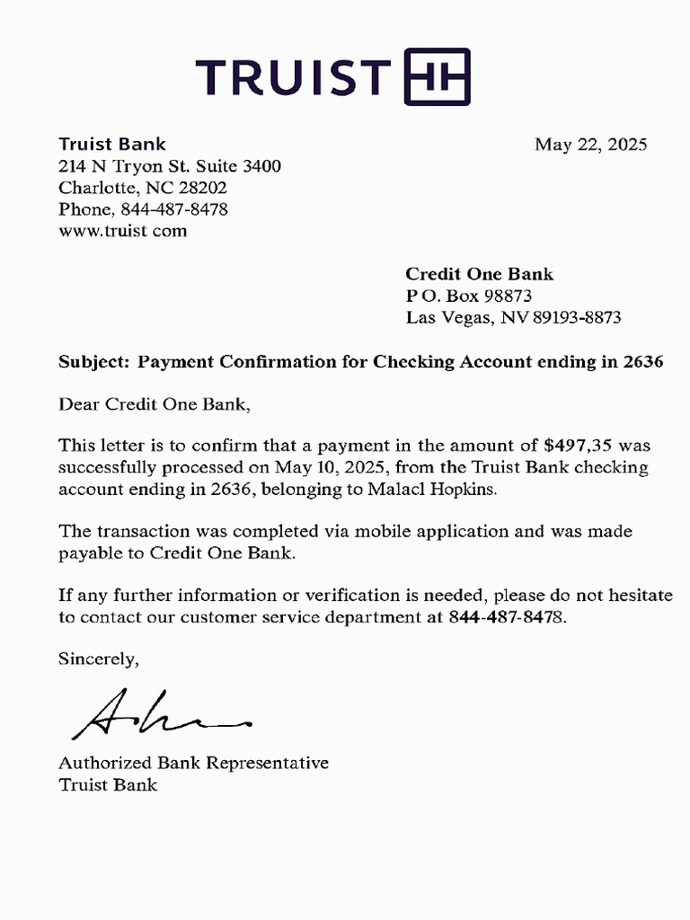 Truist Bank Confirmation Letter | PDF