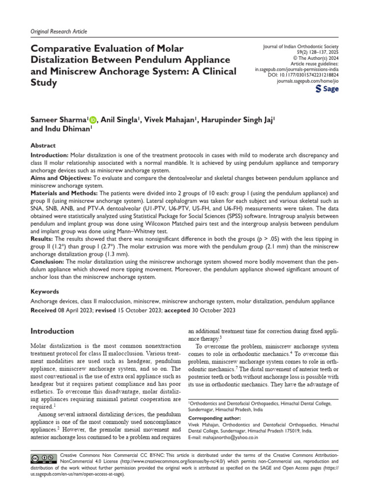Molar Distalization: Pendulum vs. Miniscrew | PDF | Orthodontics ...