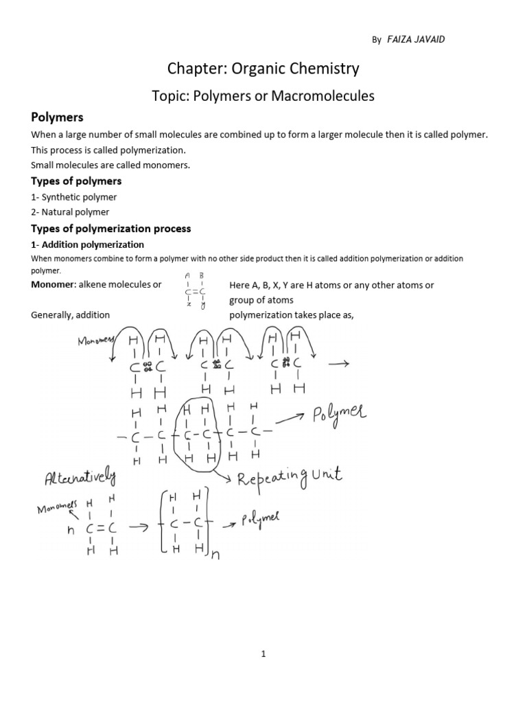 Organic - Chemistry-Polymers - Notes by FAIZA JAVAID | PDF | Polymers ...
