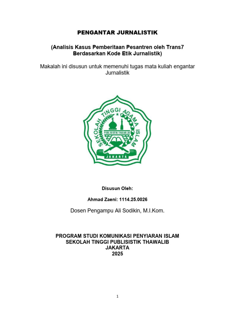 Etika Jurnalistik Dan Kasus Pemberitaan TRANS7 | PDF