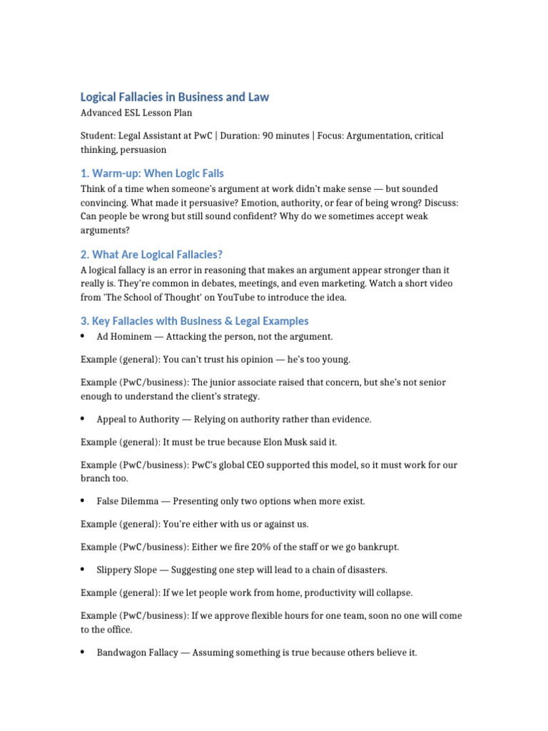 Logical Fallacies in Business and Law PWC ESL Lesson | PDF | Fallacy ...