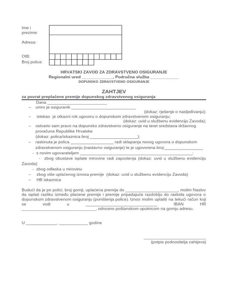 Zahtjev Za Povrat Preplacene Premije DZO 21042016 | PDF