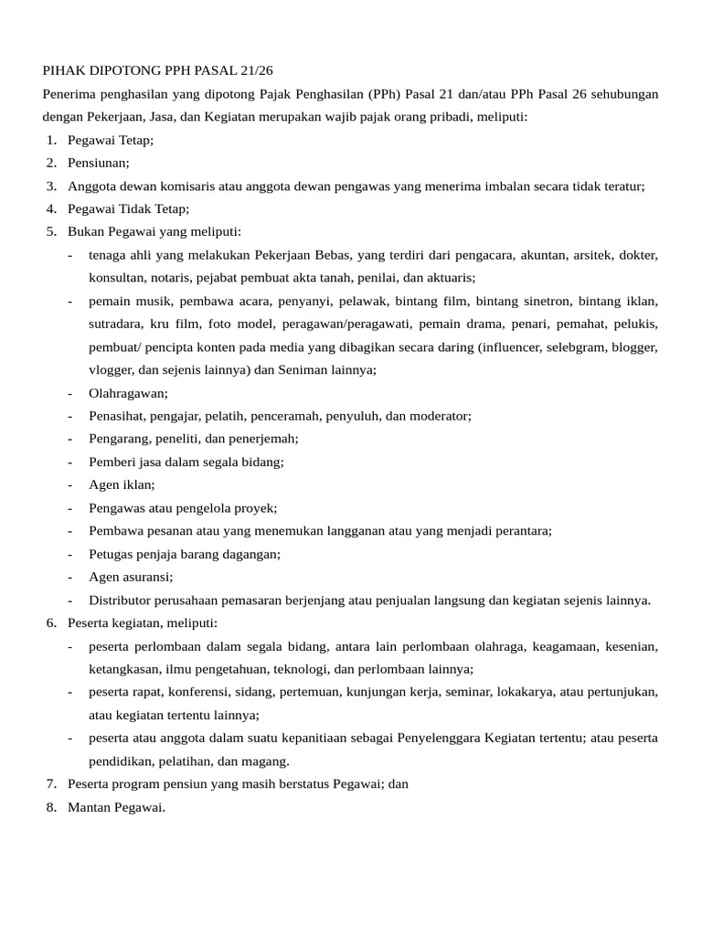 Pihak yang Dipotong PPh 21 dan 26 | PDF