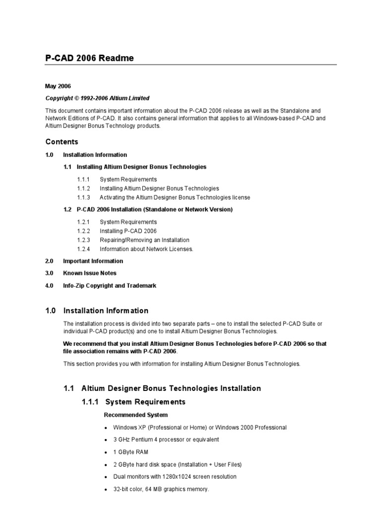 P-CAD 2006 Readme | PDF | Installation (Computer Programs) | Windows 2000