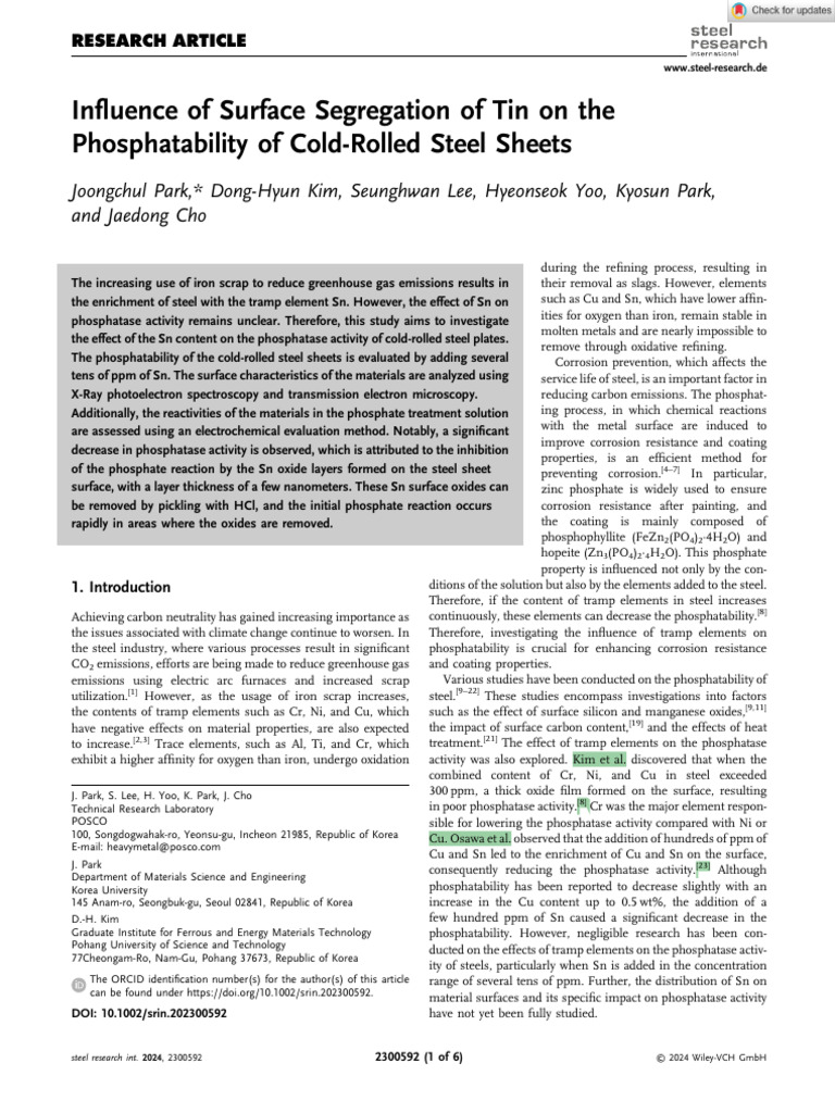Influence of Surface Segregation of Tin On The Phosphatability of Cold ...