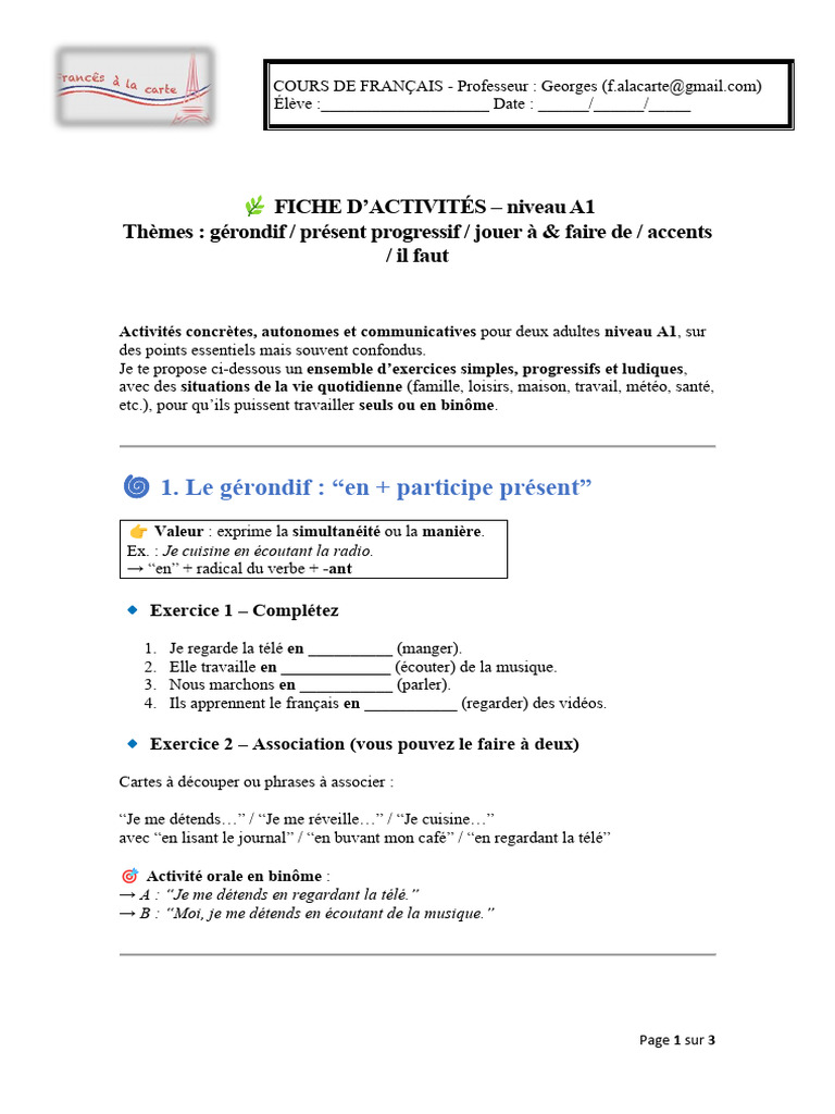 Activités A1 : Gérondif et Présent Progressif | PDF | Linguistique