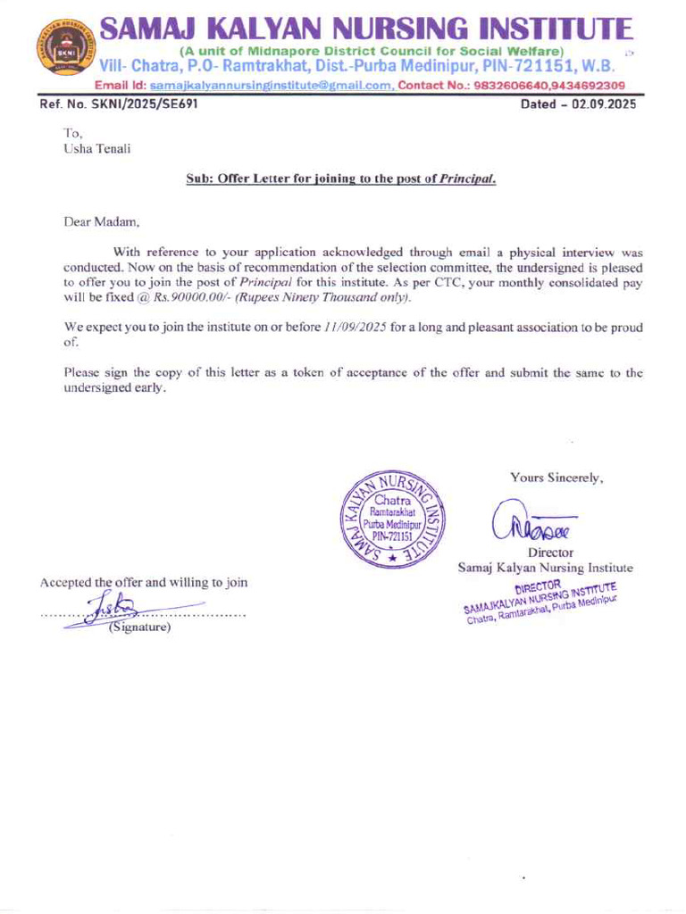 Usha Tenali Offer Letter | PDF