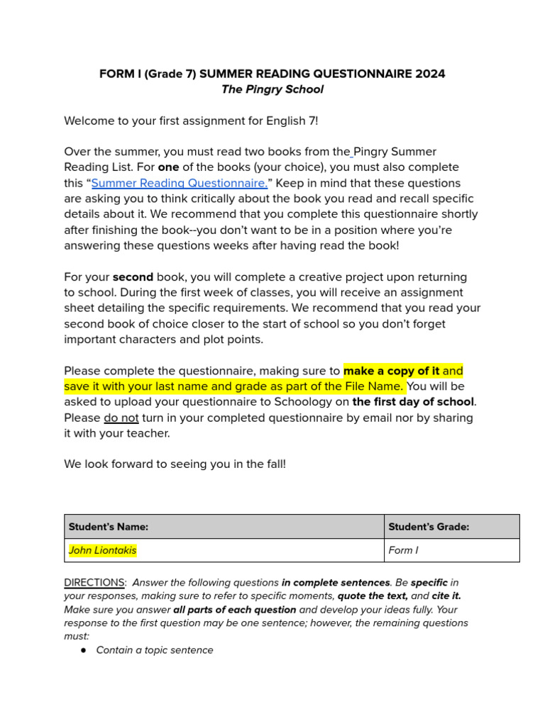 Grade 7 Summer Reading Questionnaire 2024 | PDF | Questionnaire