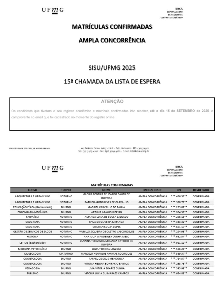 Matriculas Confirmadas Ampla Concorrencia 15a CHAMADA DA LISTA de ESPERA DO SISU 2025 | PDF ...
