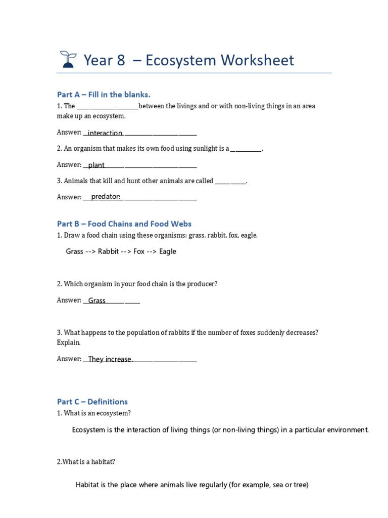 Y8 Ecosystem Worksheet | PDF