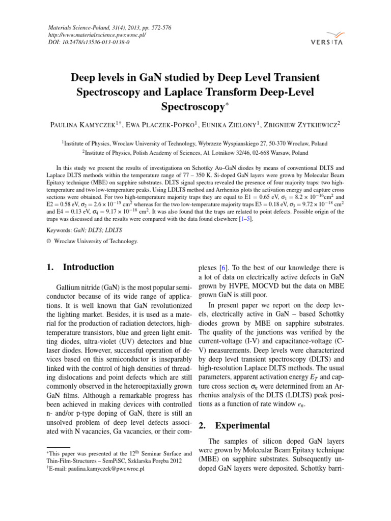 Deep Levels in Gan Studied by Deep Level Transient Spectroscopy and ...